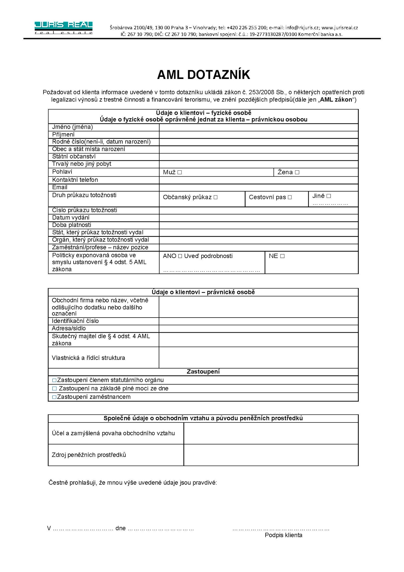 AML dotazník | Realitní kancelář JURIS REAL, spol. s r.o. - Praha